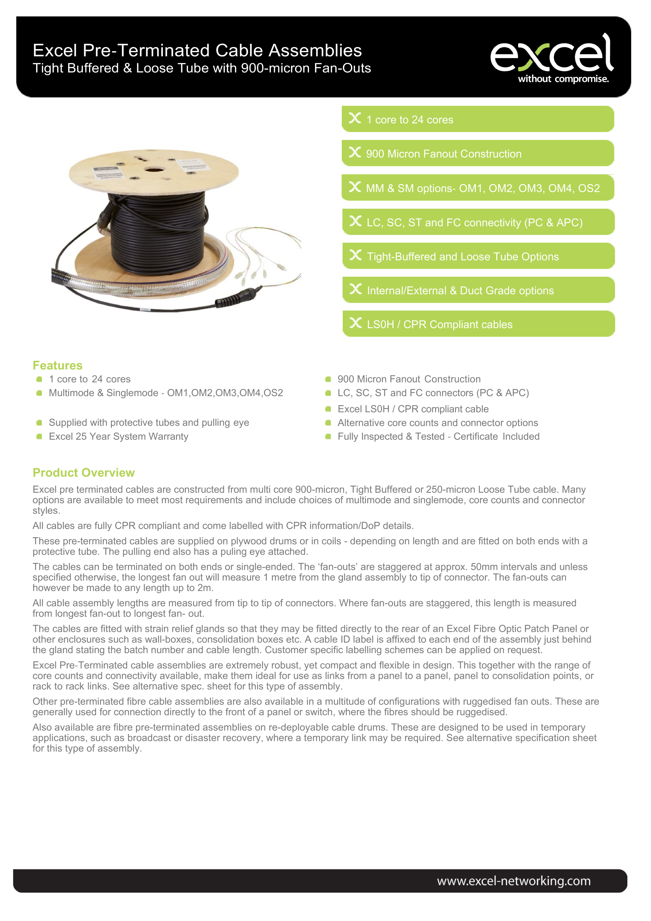 Excel Pre-Terminated Fibre Specification Sheets