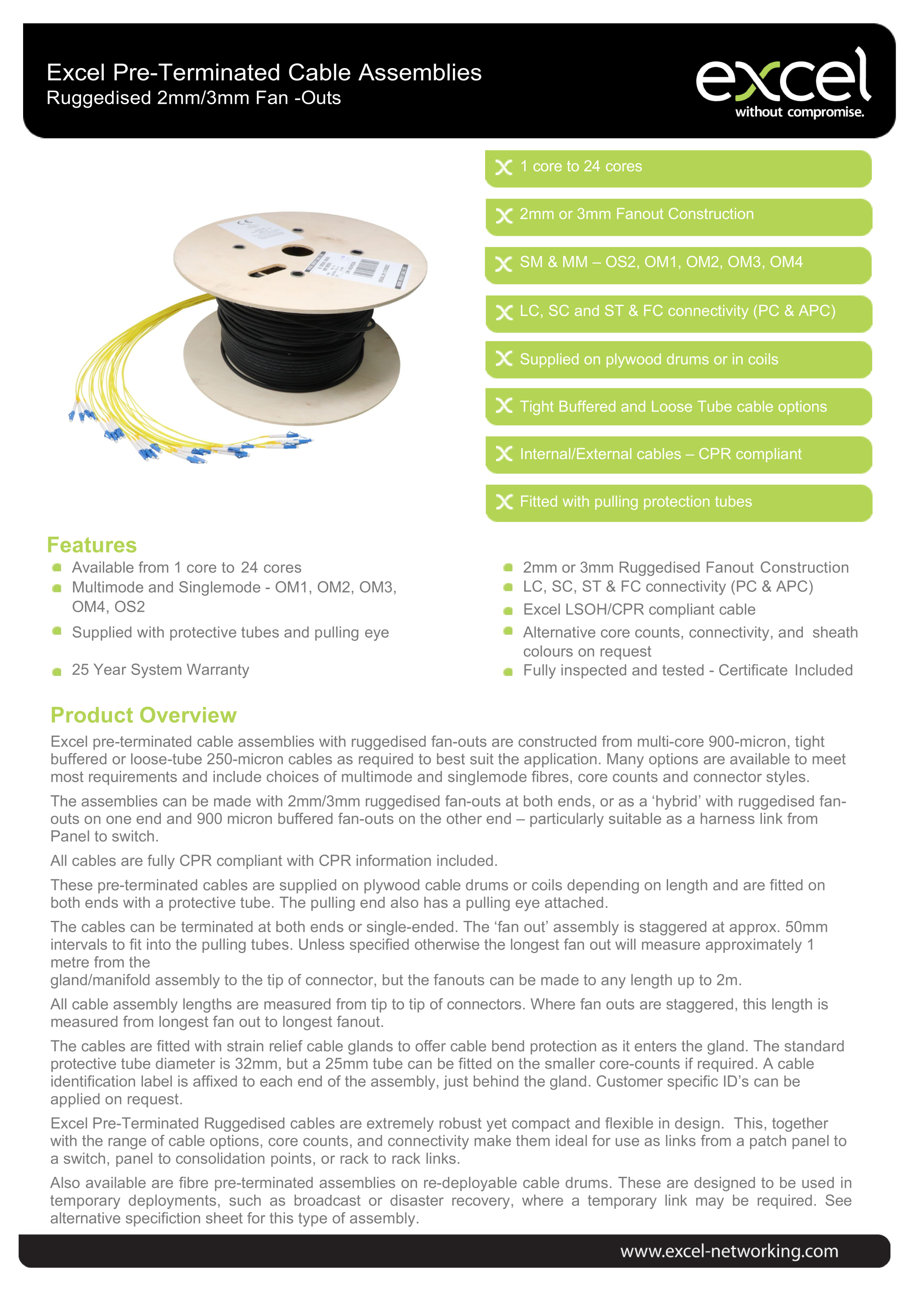 Excel Pre-Terminated Fibre Specification Sheets